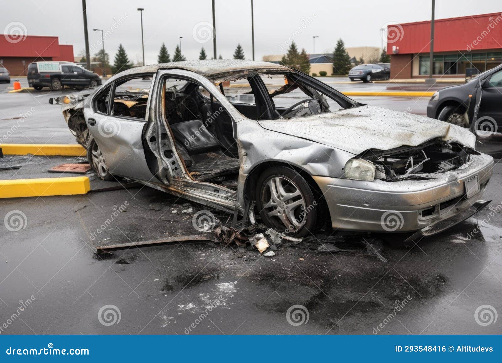A Wrecked Car Alone in a Parking Lot Stock Photo - Image of neglect ...