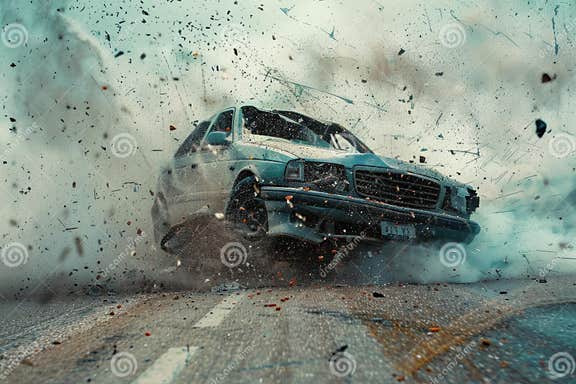 Wrecked Car Driving through Explosion on Road Stock Illustration ...