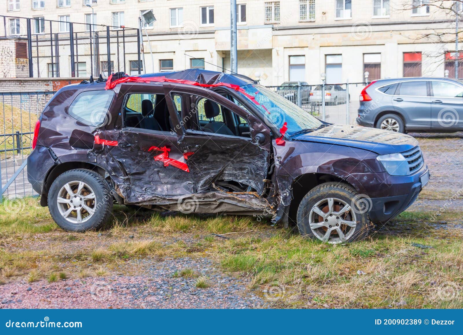Wrecked Crumpled Car from the Right Side after a Severe Accident with a ...