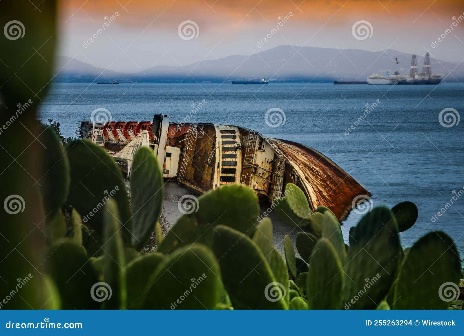 Wrecked Old Rusty Ship Abandoned at Sunset Stock Photo - Image of ...