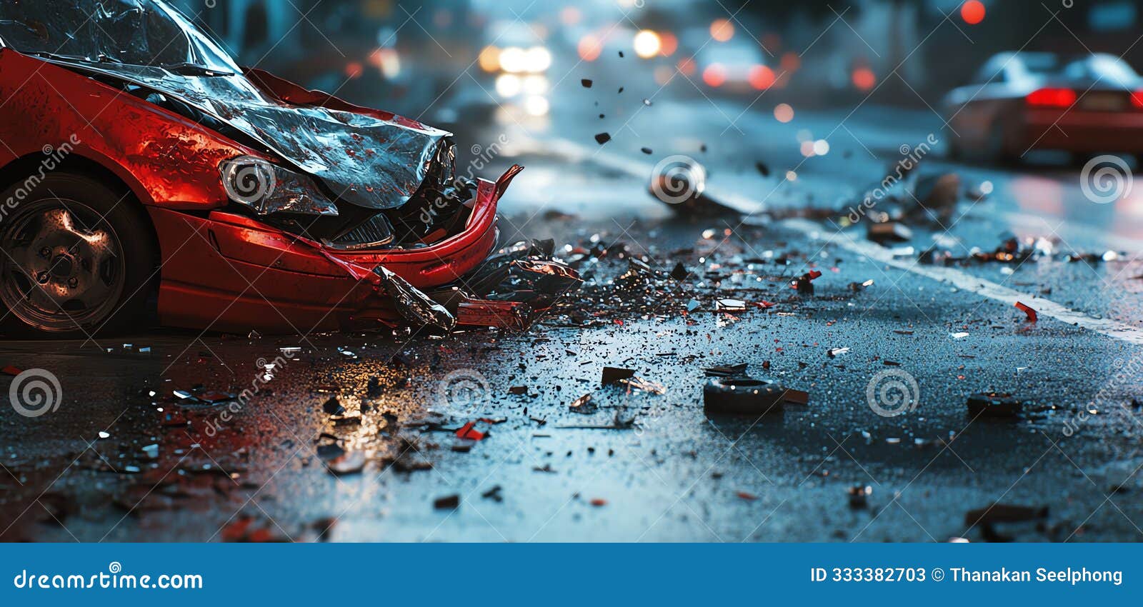 A Wrecked Red Car Sits on the Side of the Road after an Accident Stock ...