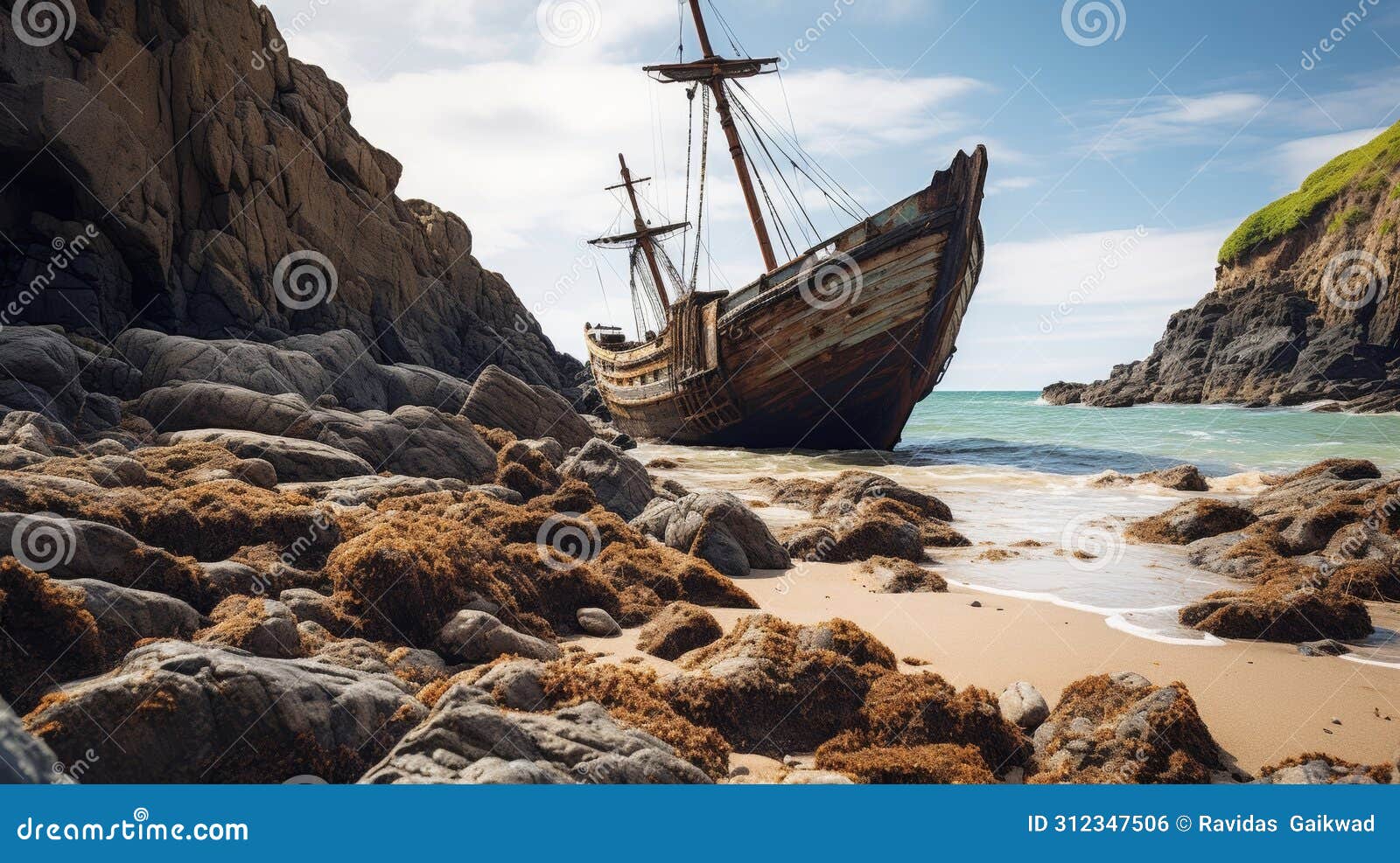 Beached Ship Surrounded By Palm Trees On Tropical Island Stock Image ...