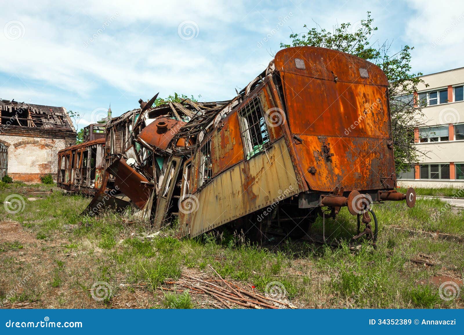 Wrecked train at old depot stock image. Image of transport - 34352389
