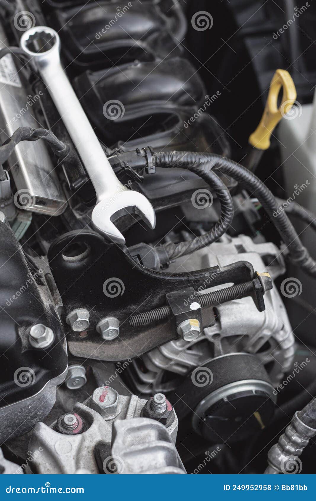 The Wrench Lies on the Car Engine in the Engine Compartment Stock Photo ...
