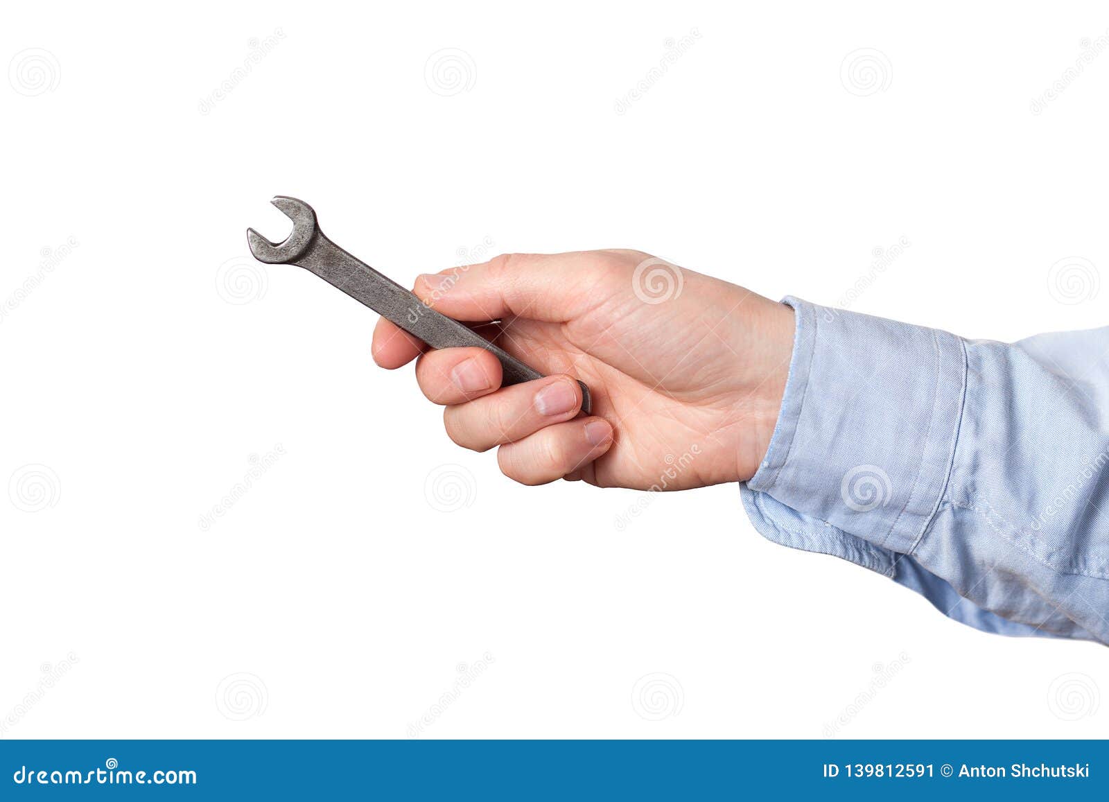 Wrench, Spanner. Hand Holding a Metal Wrench on White Background Stock ...