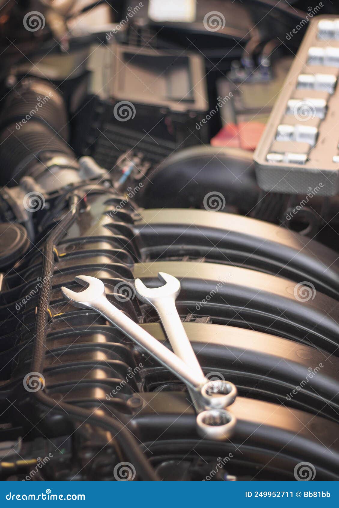 Wrenches Lie on the Engine of the Car in the Engine Compartment Stock ...