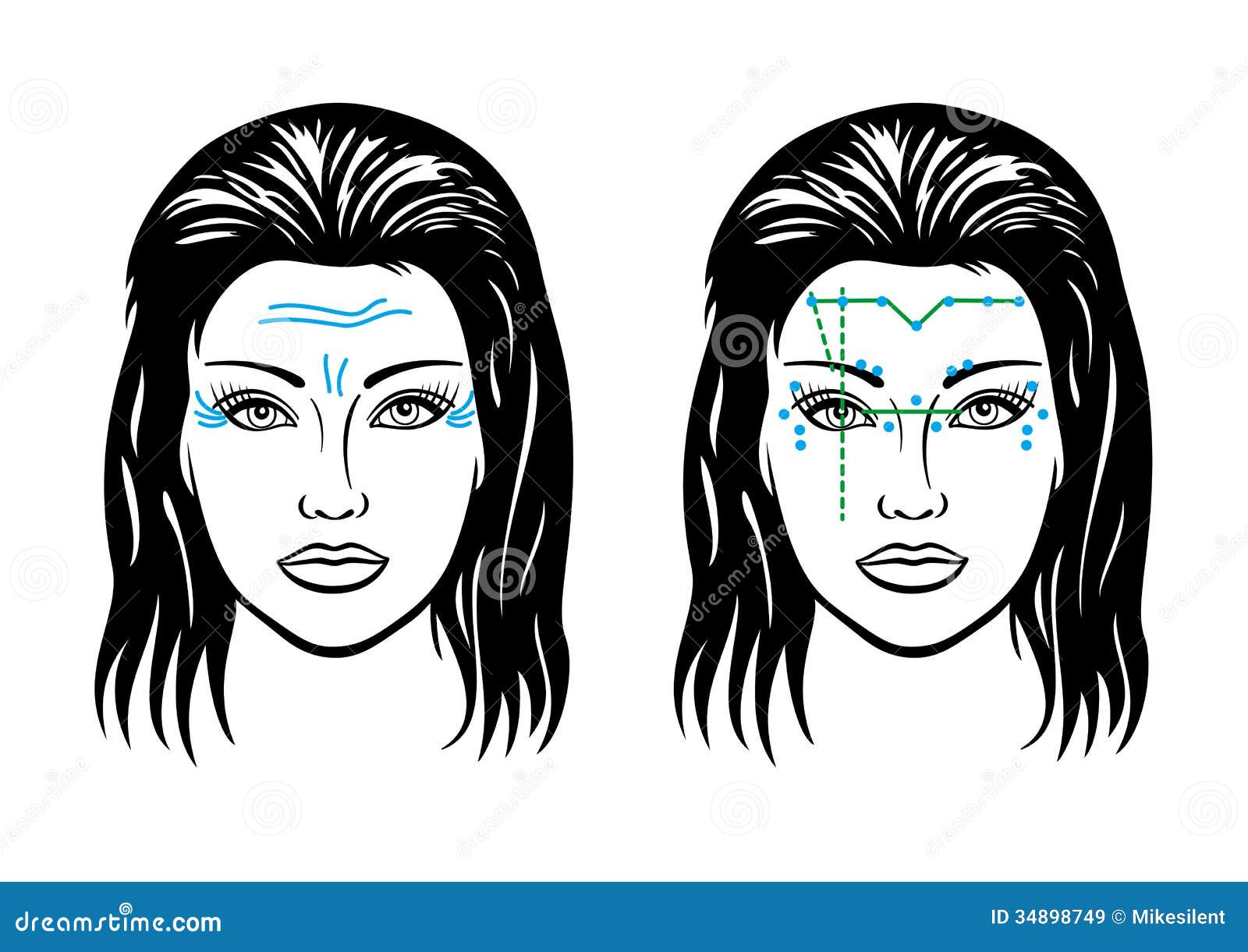 Wrinkles on a womans face stock vector. Illustration of points - 34898749