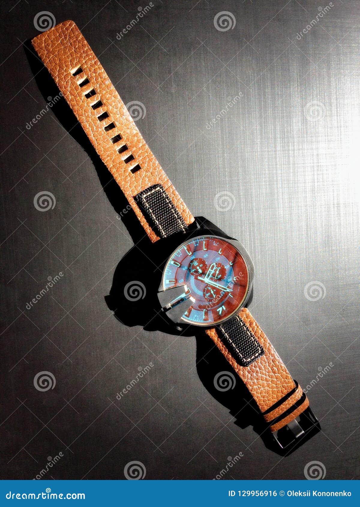 Wrist Watch with Leather Strap on a Dark Background Stock Photo - Image ...
