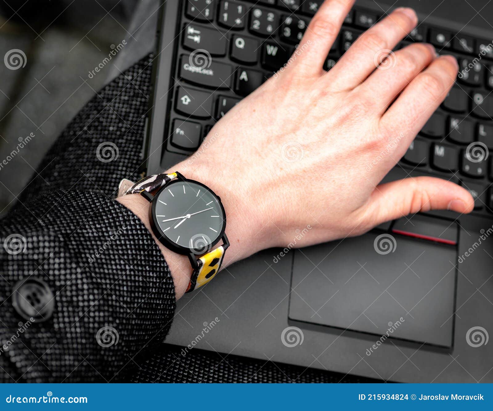 Wristwatch. Hand on the Keypad of Notebook Stock Photo - Image of black ...
