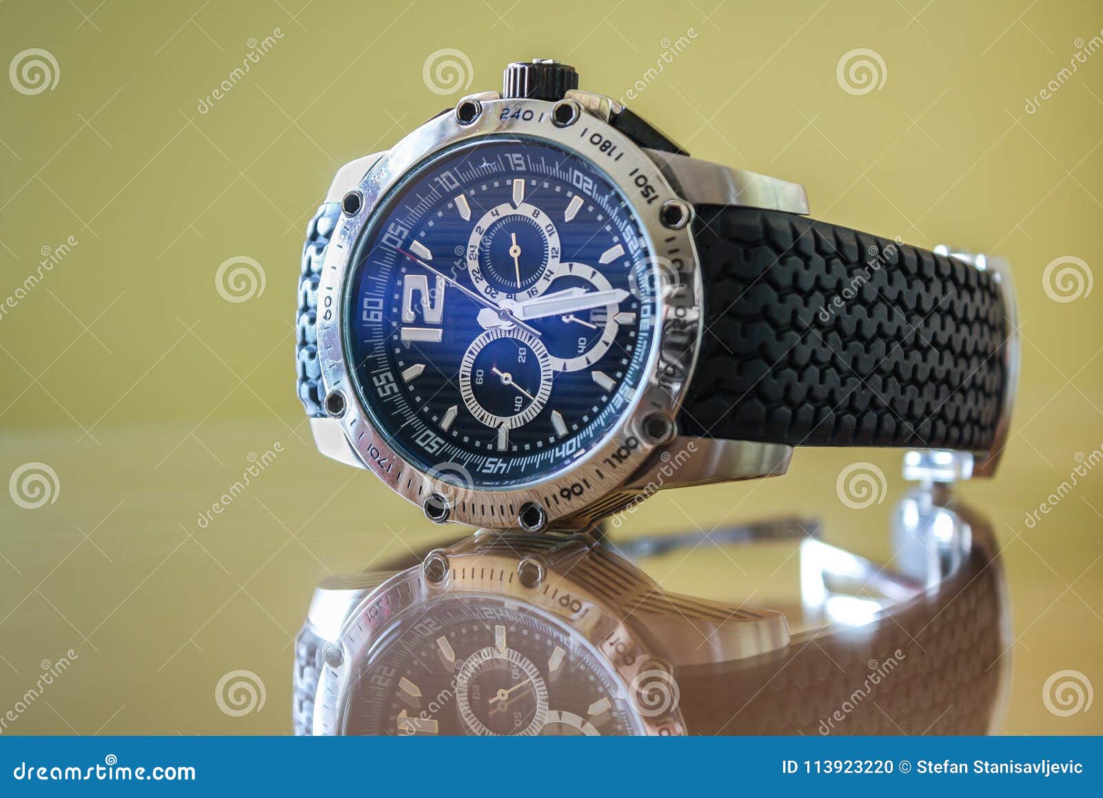 Wristwatch with Reflection on Glossy Table Stock Photo - Image of dial ...