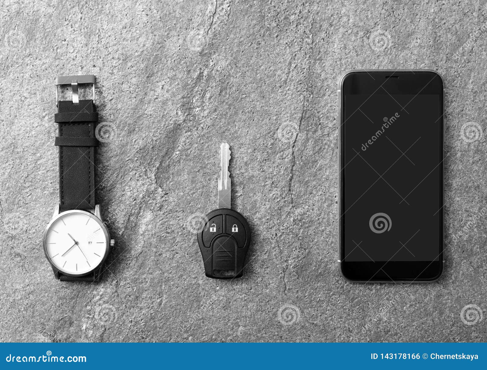 Wristwatch, Smartphone and Car Key on Grey Background, Top View Stock ...