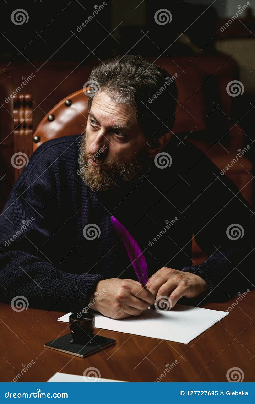 Writer with Beard Writes on White Sheet with Goose Feather Stock Image ...
