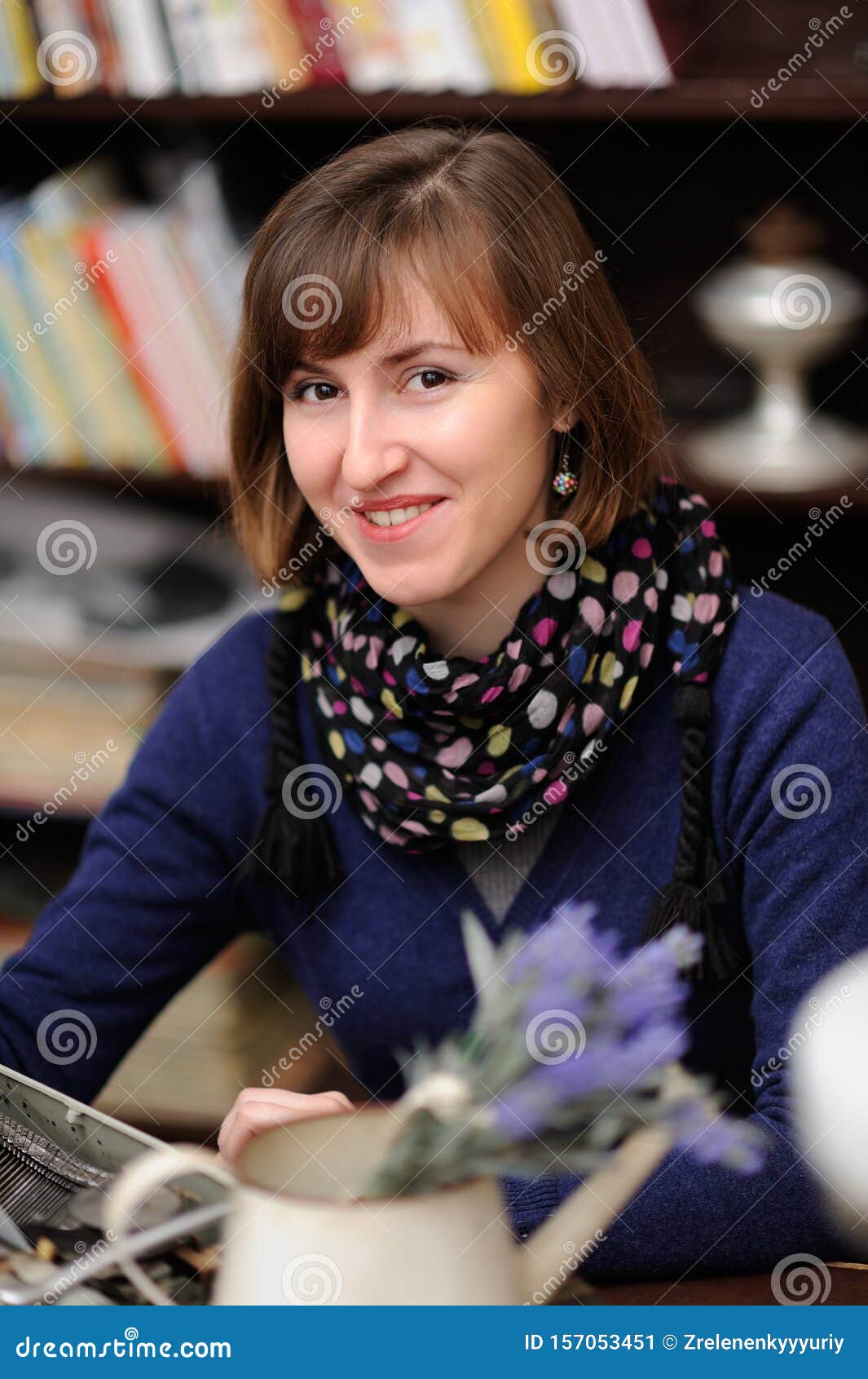 Writer in the library stock image. Image of book, girl - 157053451