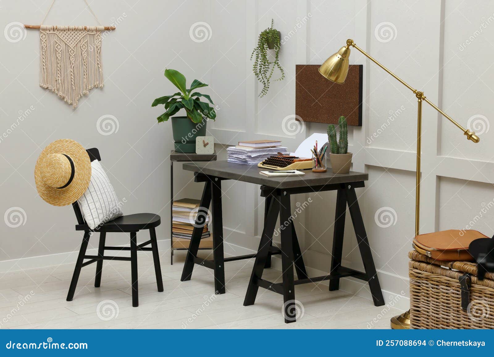 Writer`s Workplace with Typewriter on Dark Table Desk in Room Stock ...