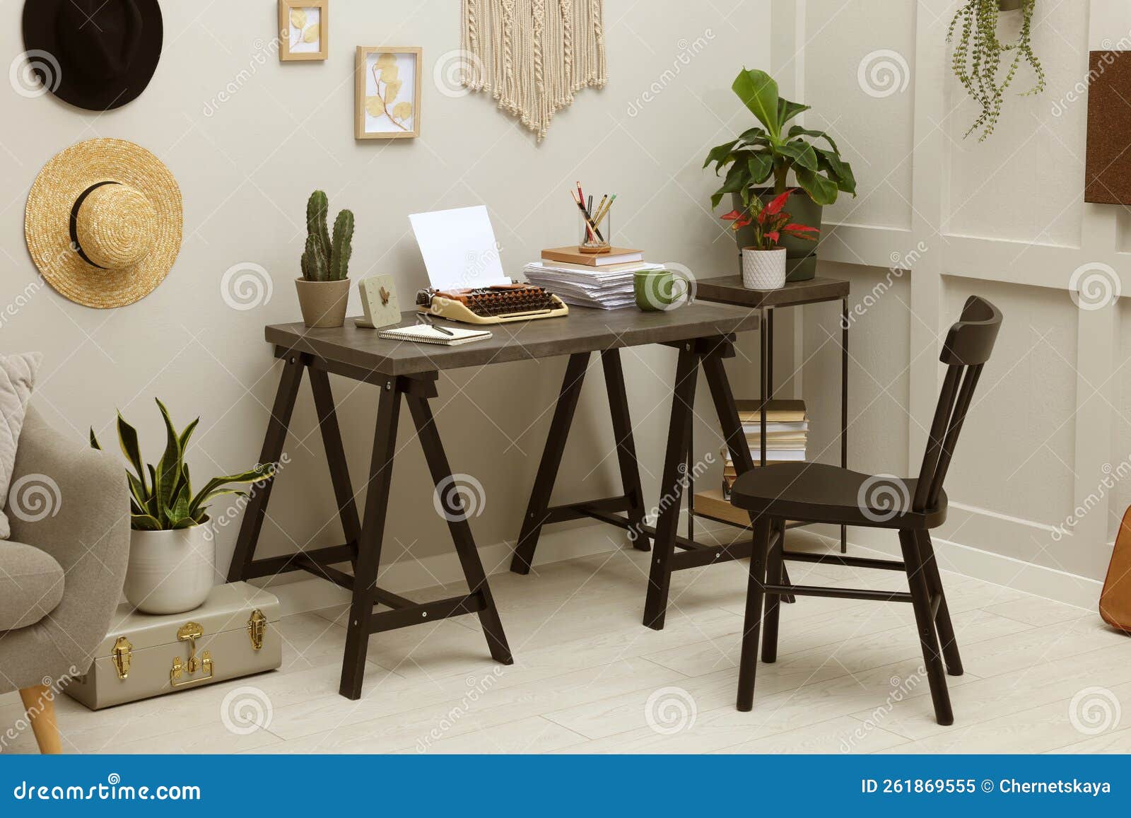 Writer`s Workplace with Typewriter on Dark Table Desk in Room Stock ...