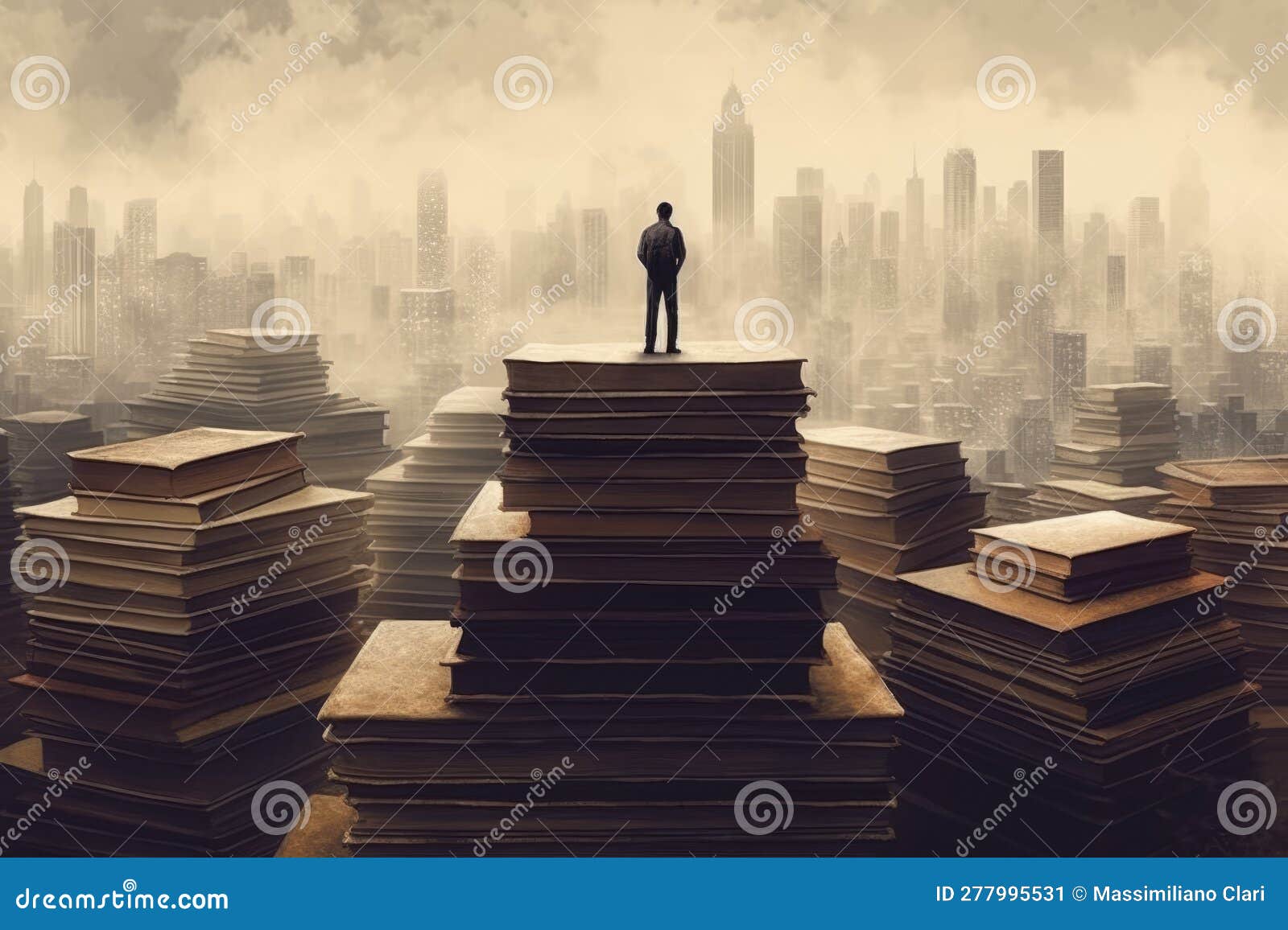 A Writer Standing on a Giant Stack of Books, with a City Skyline ...
