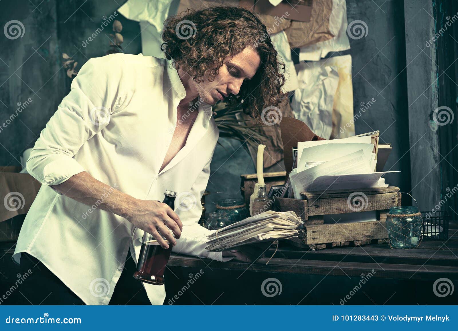 Writer at Work. Handsome Young Writer Standing Near the Table and ...