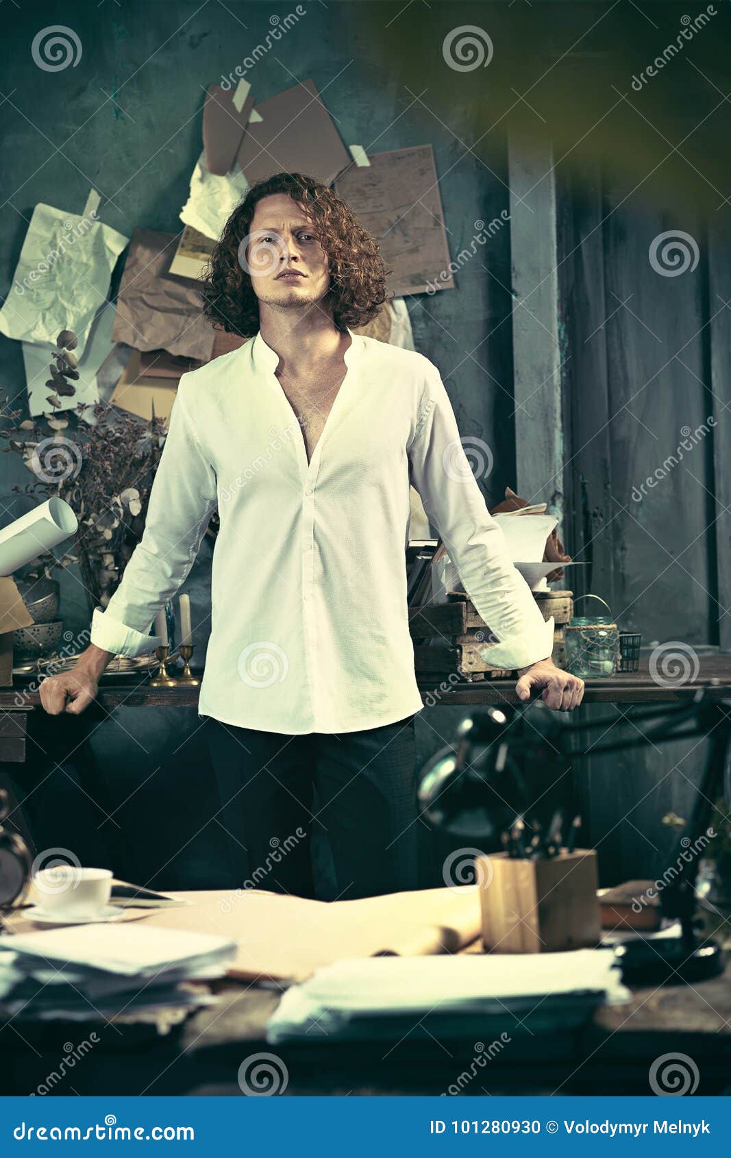Writer at Work. Handsome Young Writer Standing Near the Table and ...
