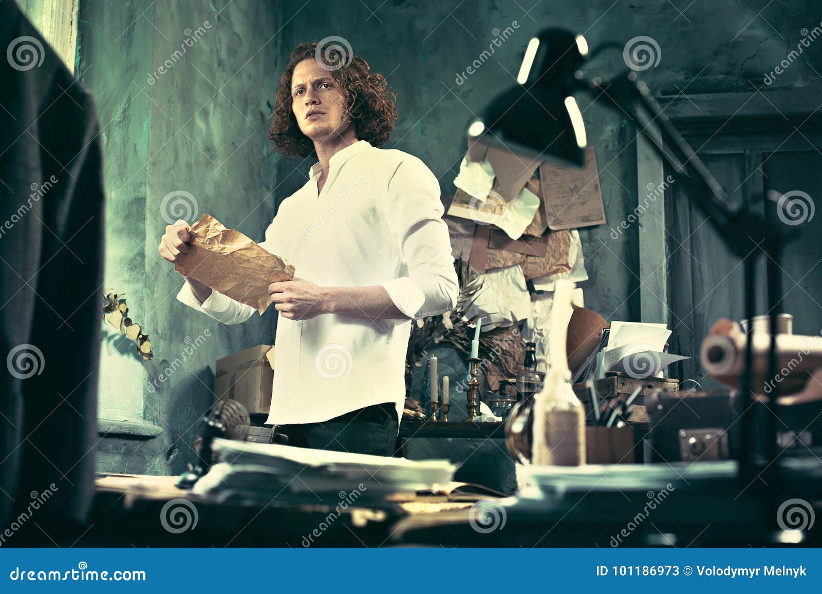 Writer at Work. Handsome Young Writer Standing Near the Table and ...