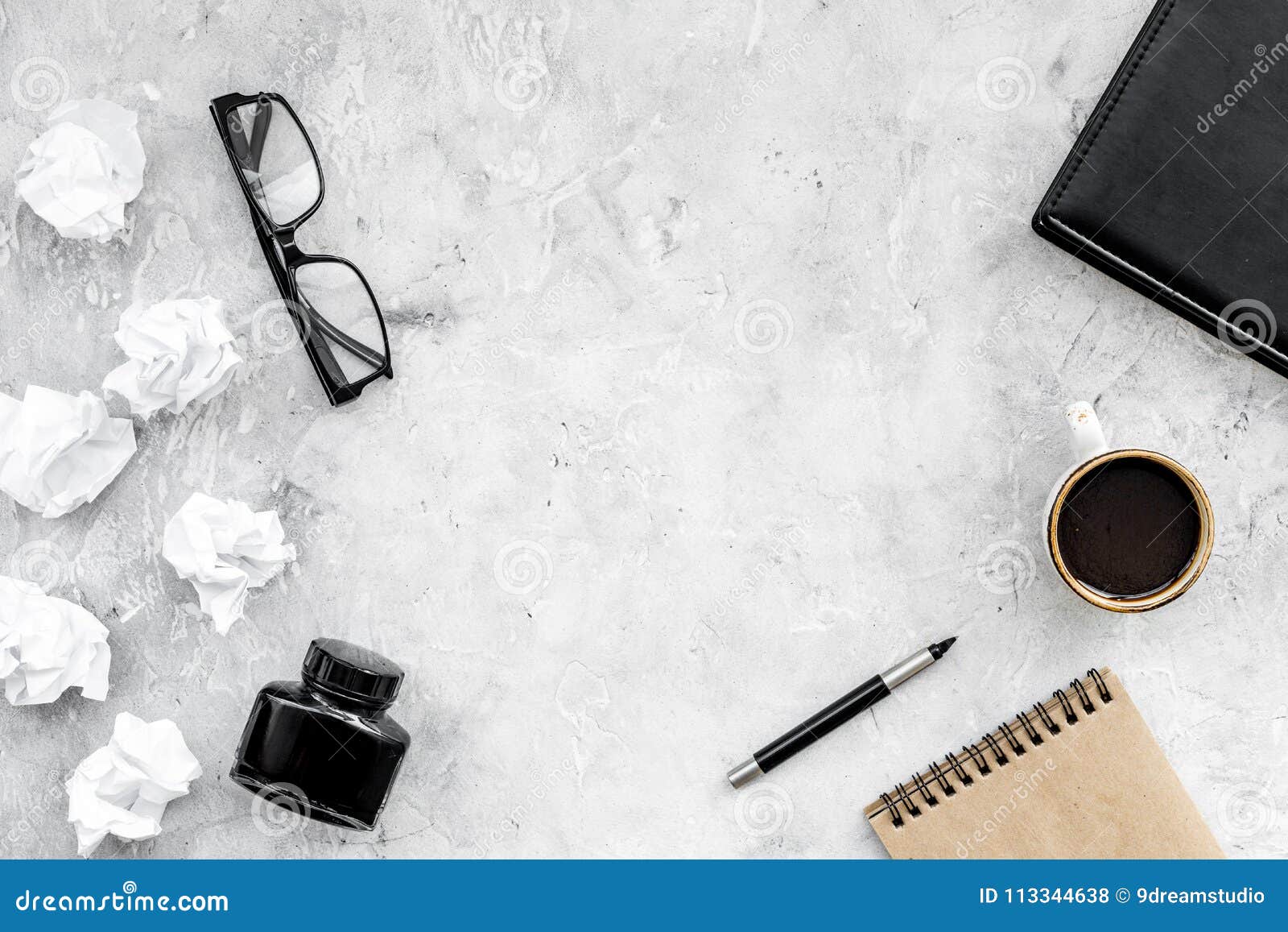 Writer Workplace with Tools for Work on Stone Table Background Top View ...