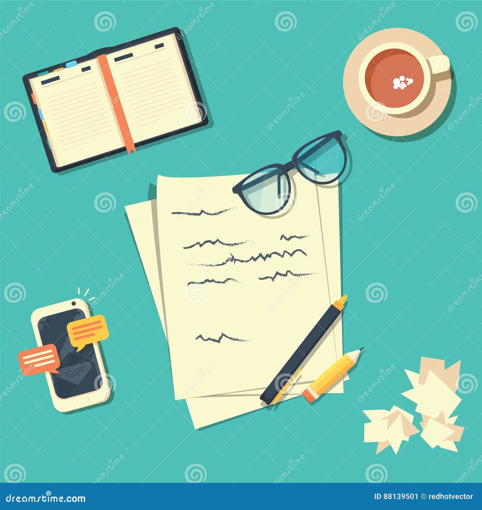 Writer Workplace Illustration On Blue Background, Flat Cartoon Paper ...