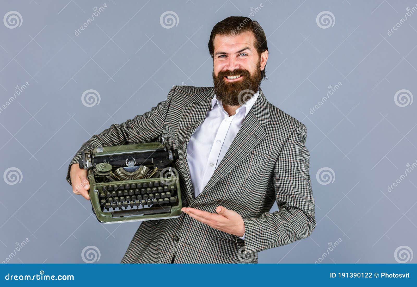 Writer Writes with Typewriter. Bearded Man in Jacket with Retro Type ...