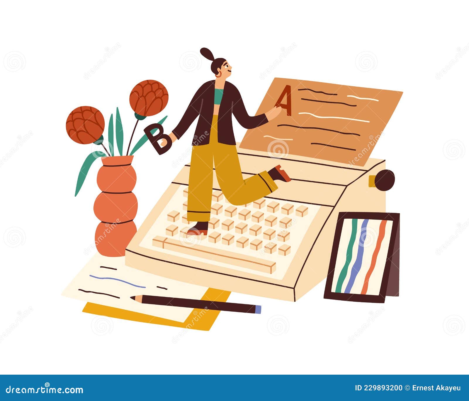 Writer Writing Book with Typewriter and Papers. Happy Creative Author ...