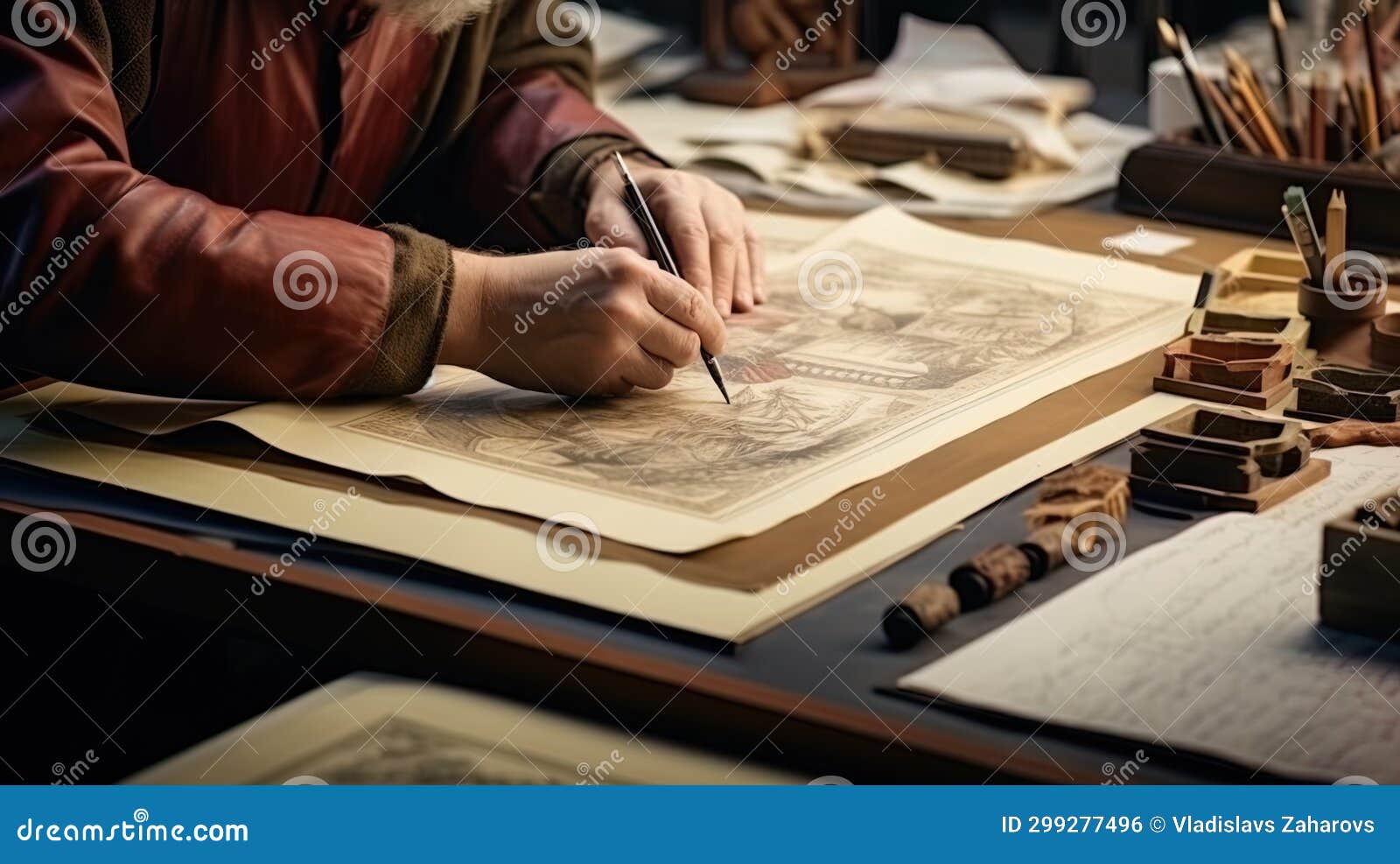 Writers Creating Manuscripts in the Library on Parchment Scrolls Stock ...