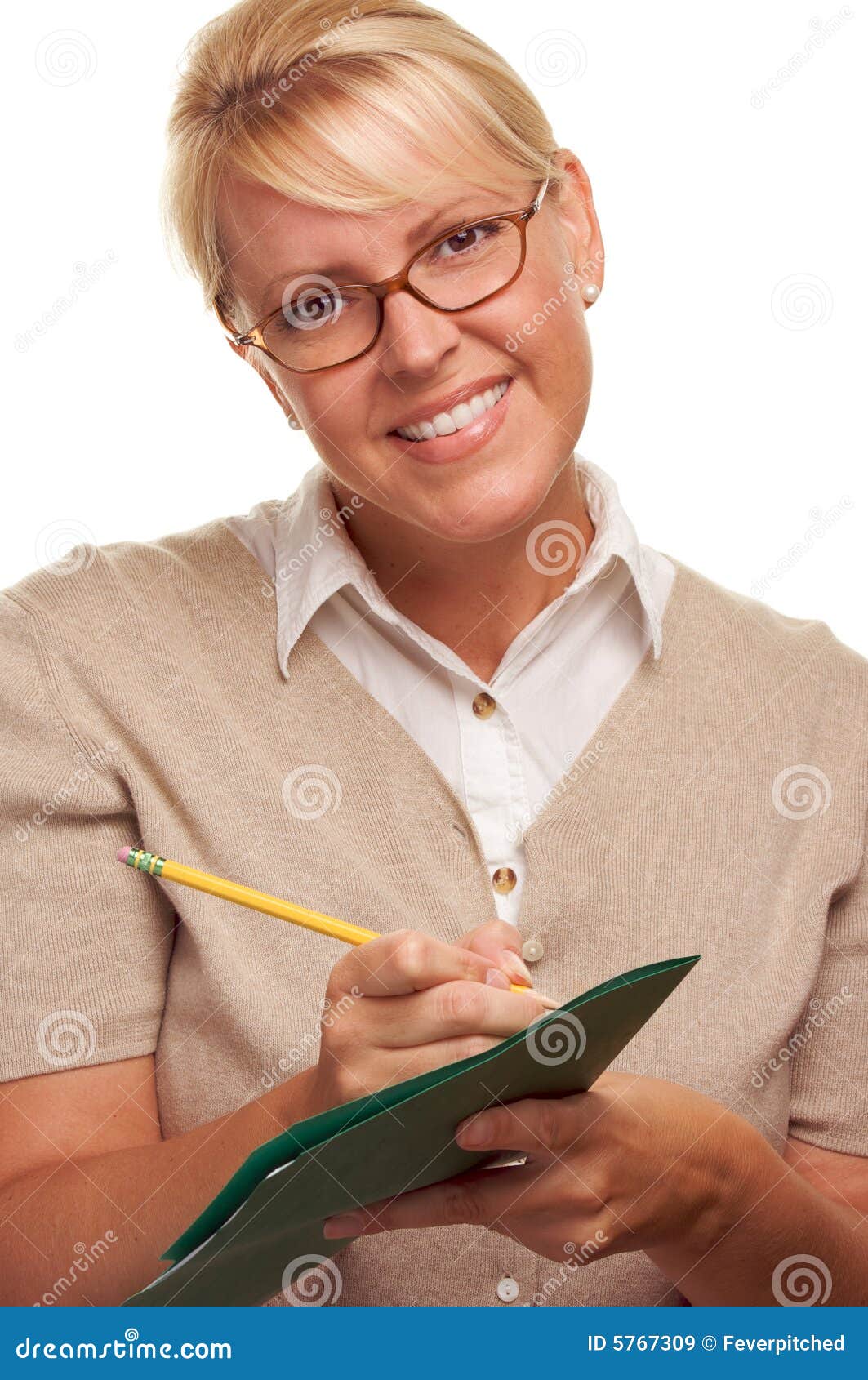Writing Beautiful Woman with Pencil and Folder Stock Image - Image of ...