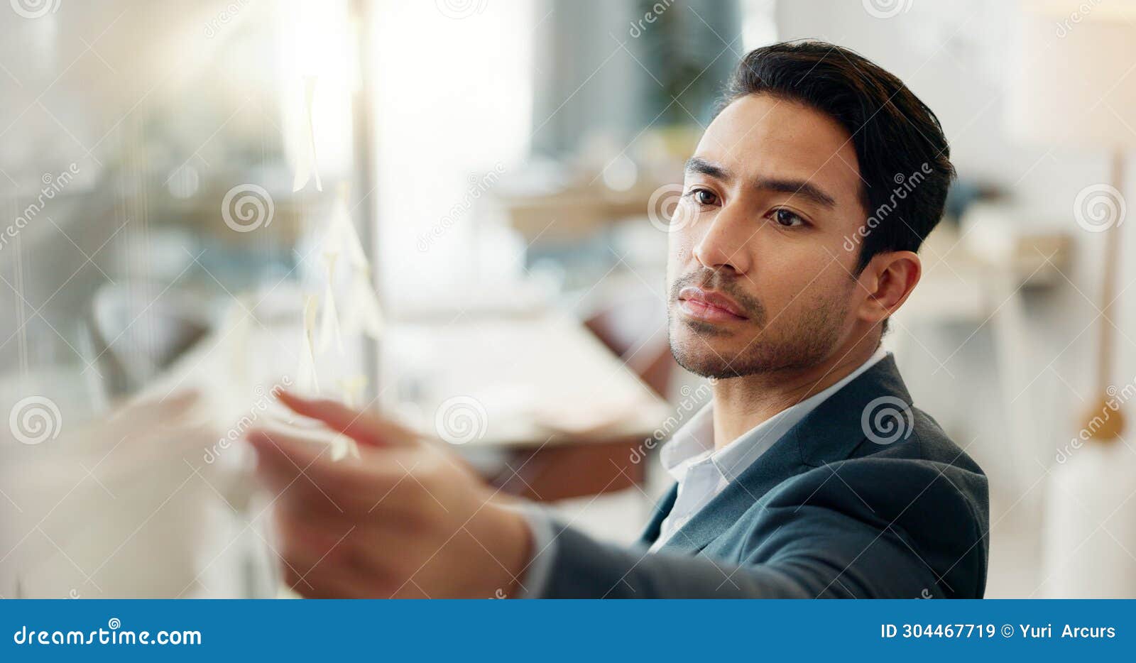 Writing, Business Man and Note Planning on Clear Board with Thinking ...