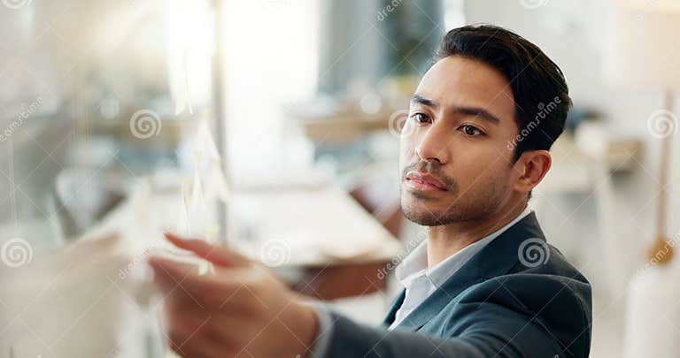 Writing, Business Man and Note Planning on Clear Board with Thinking ...