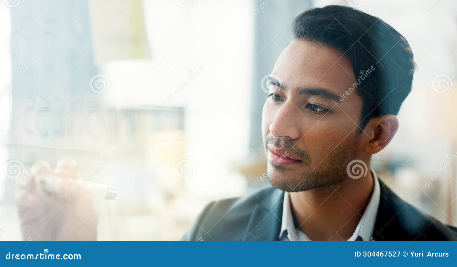 Writing, Business Man and Planning on Clear Board with Thinking ...