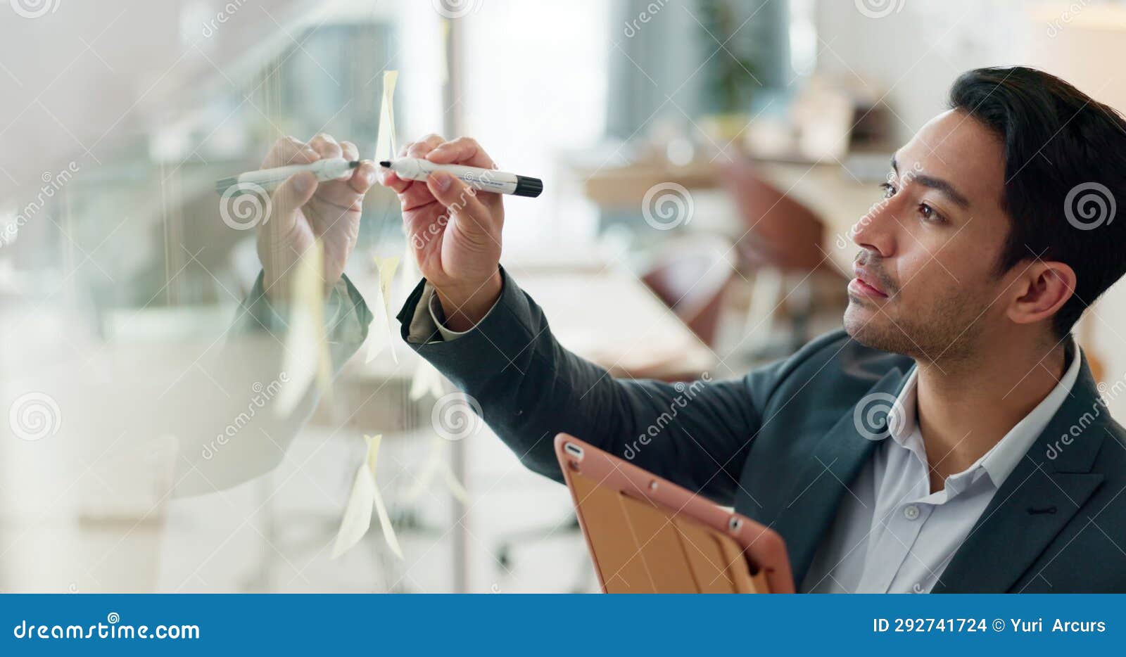 Writing, Business Man and Tablet Planning on Clear Board with Thinking ...