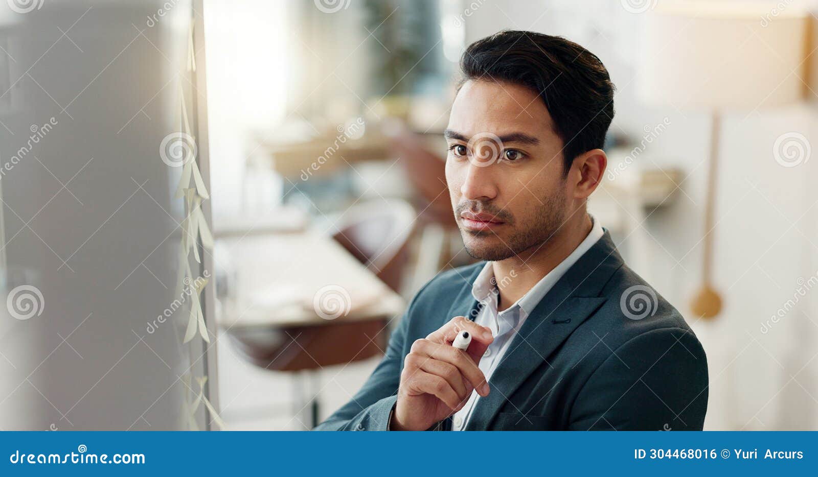 Writing, Business Man and Thinking by a Clear Board with Working ...