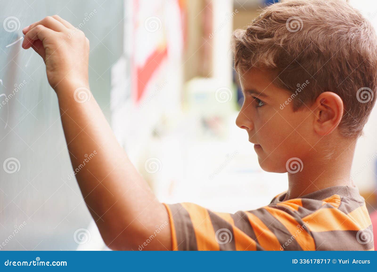 Writing, Chalk and Student by Board in Classroom for Solving Math ...