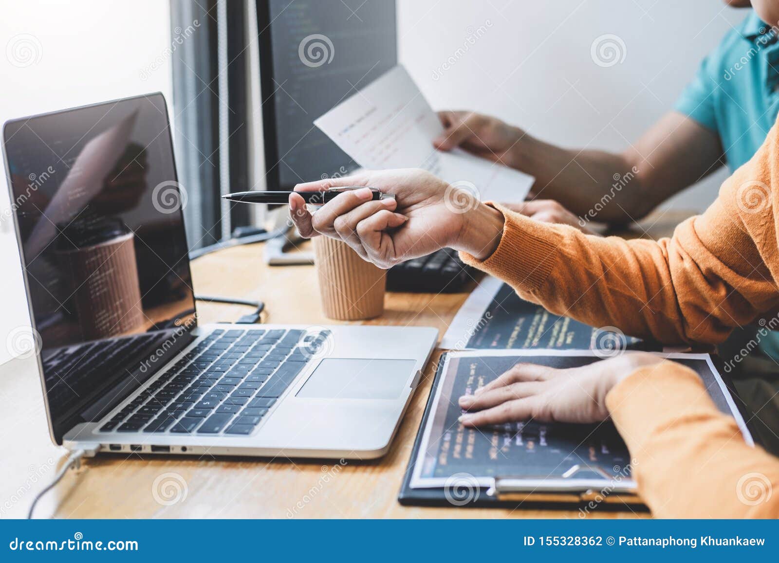 Writing Codes and Typing Data Code Technology, Programmer Cooperating Working on Web Site ...