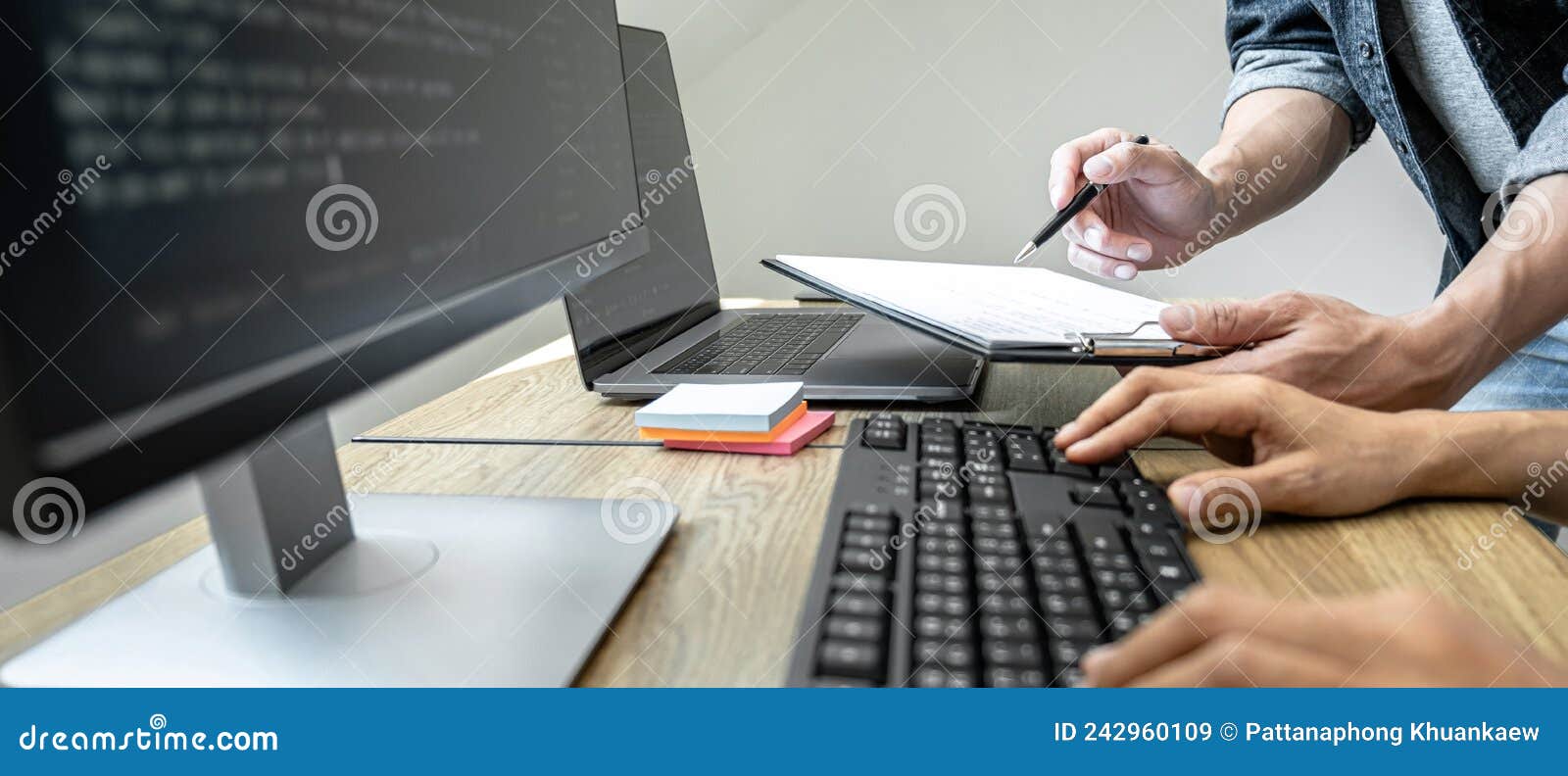 Writing Codes And Typing Data Code Technology Programmer Team Working