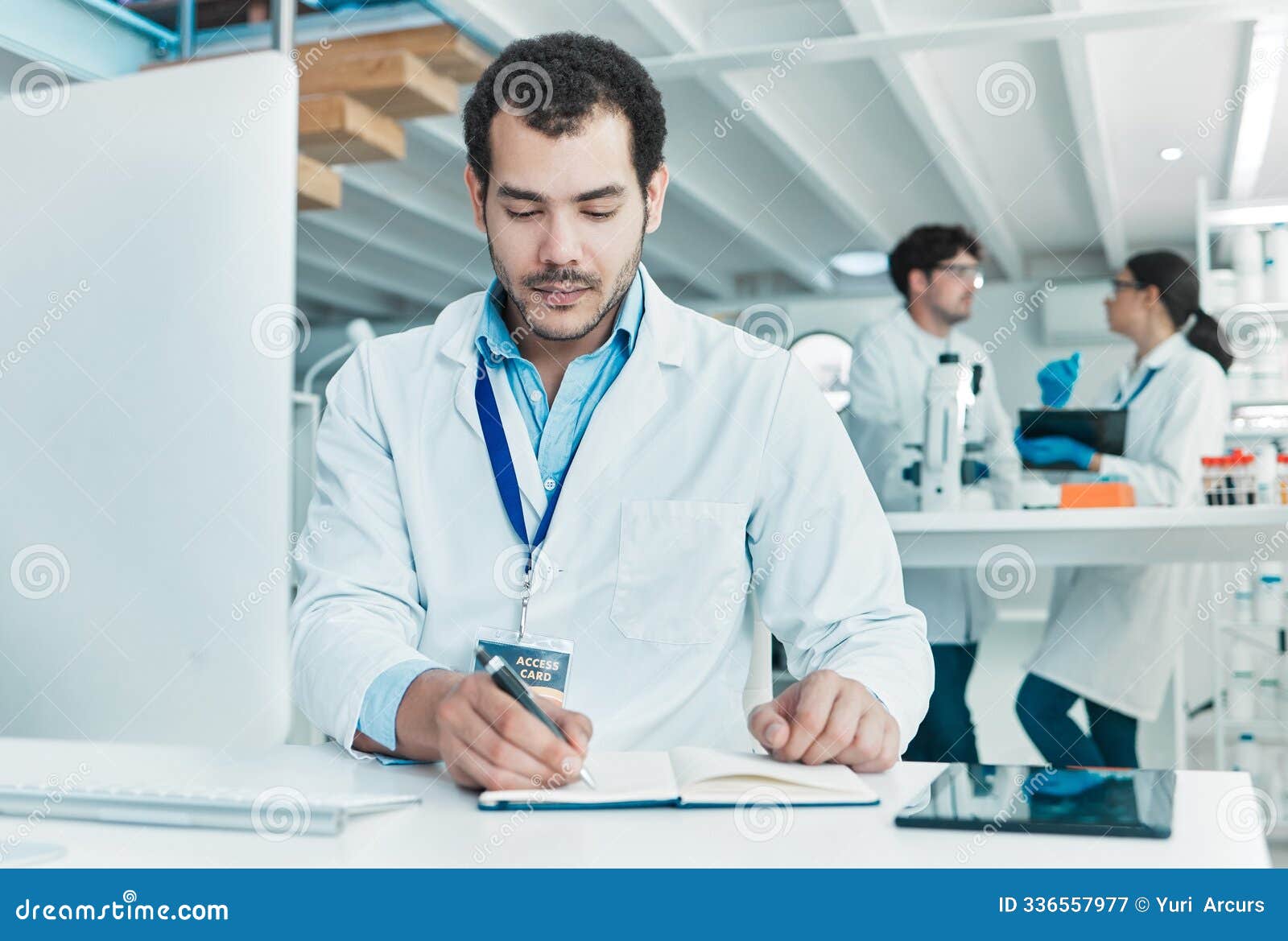 Writing, Diary or Man in Laboratory for Science Breakthrough, Clinical ...