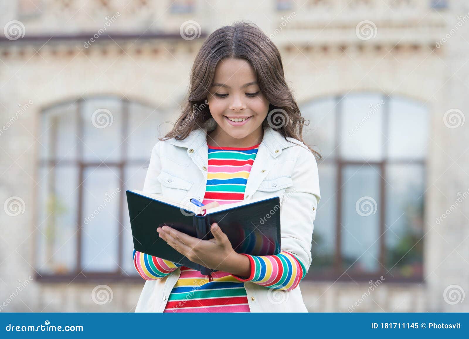 Writing A Diary. School Pupil Do Writing Task Outdoors. Happy Child ...