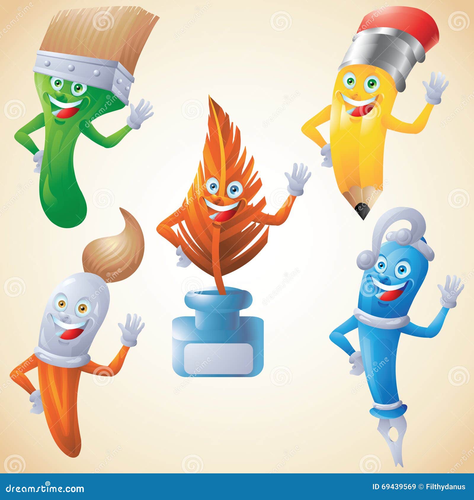 Writing, Drawing and Painting Tools Waving Cartoon Set Stock Vector ...