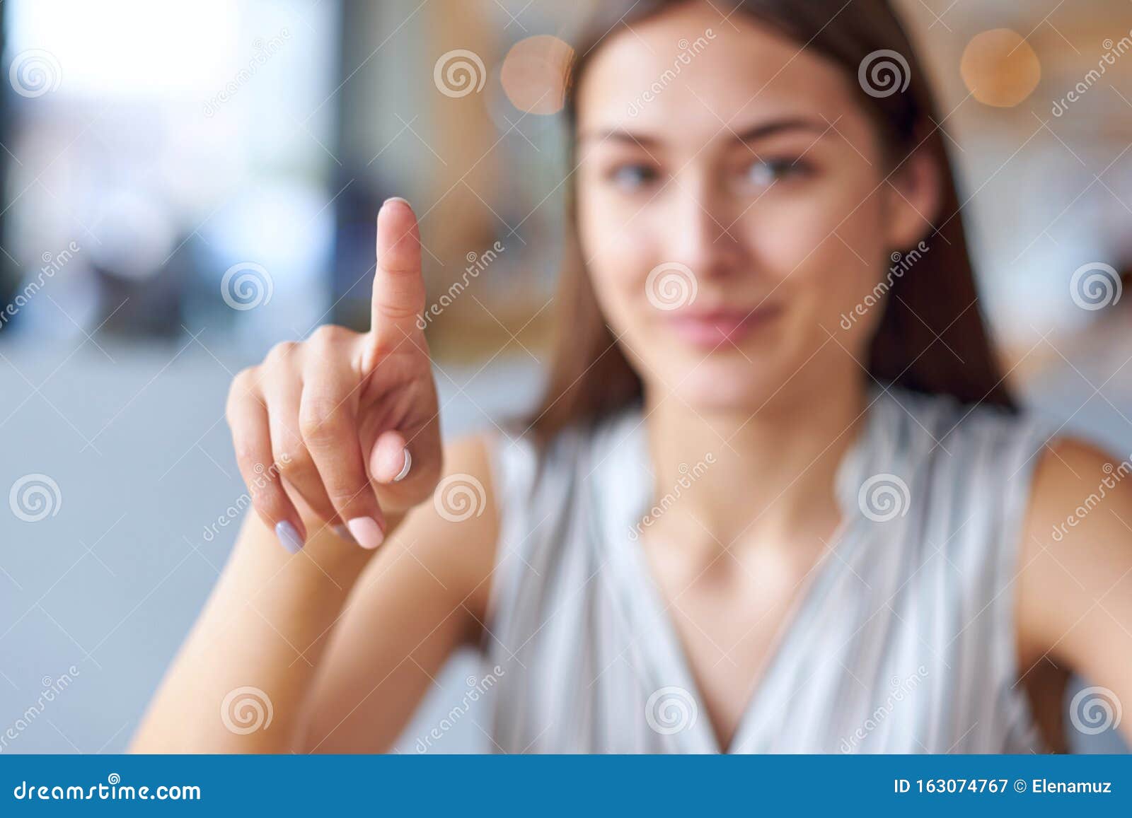 Writing Finger in the Air or Push Button. Woman Holding Floating Render ...