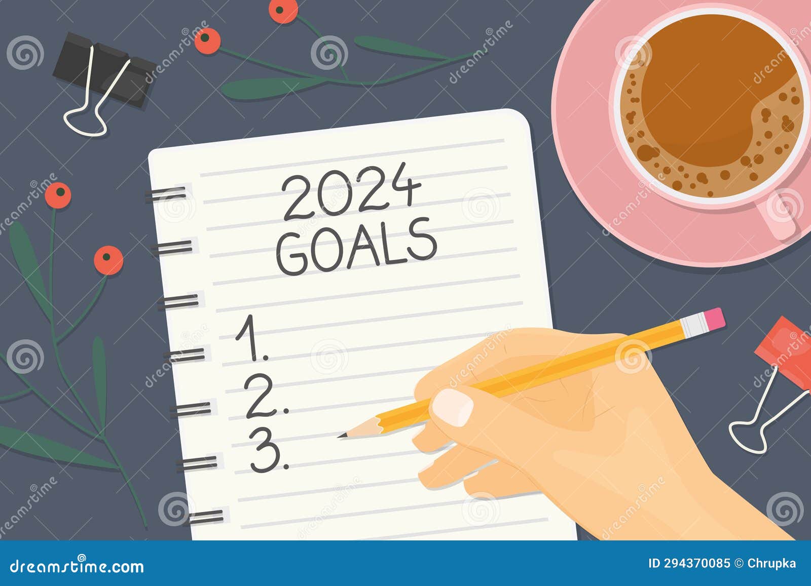 Writing 2024 Goals, Flat Lay View Stock Illustration - Illustration of ...