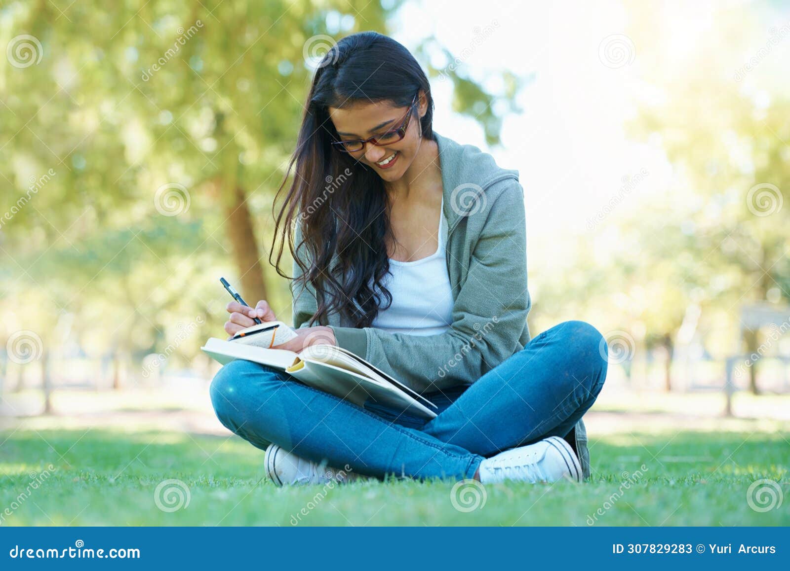 Writing, Grass or Happy Woman in Nature with Notes for Learning ...