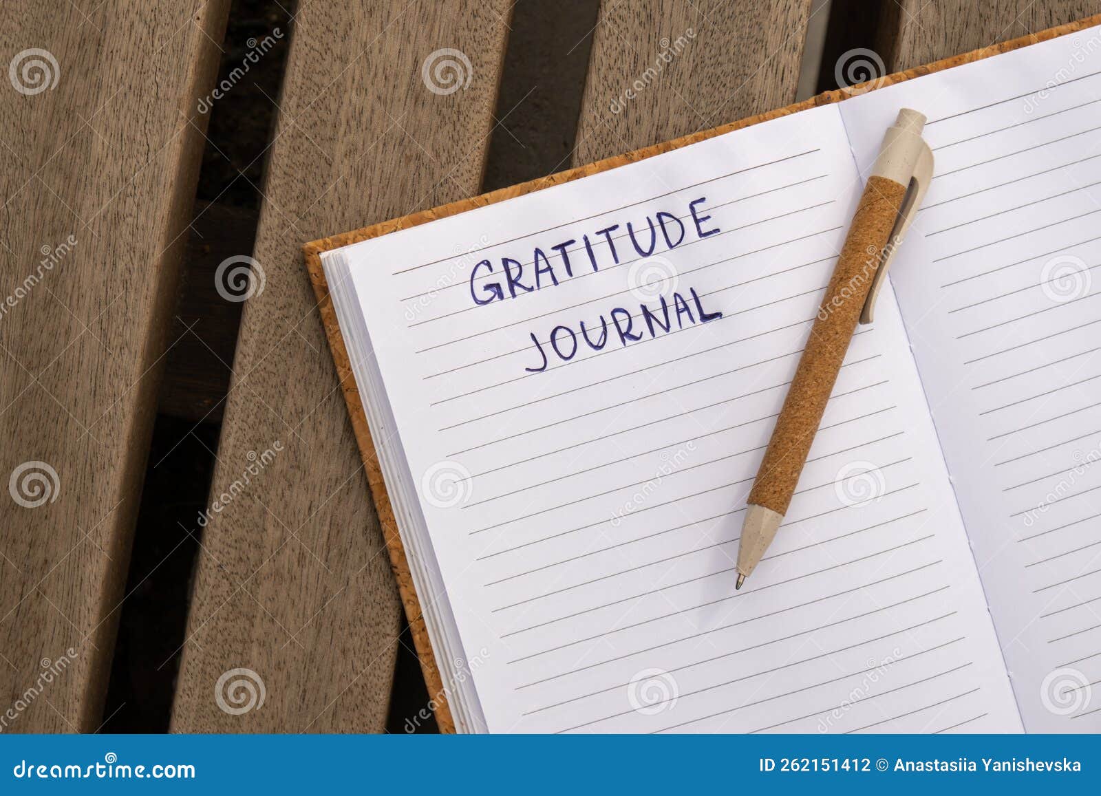 Writing Gratitude Journal on Wooden Bench. Today I am Grateful for ...