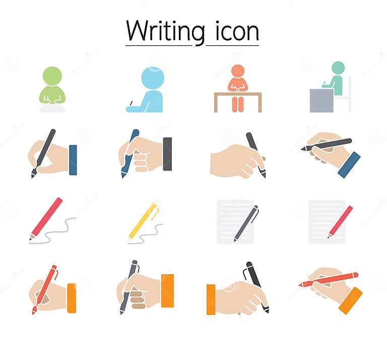 Writing Icon Set in Flat Color Style Stock Vector - Illustration of ...