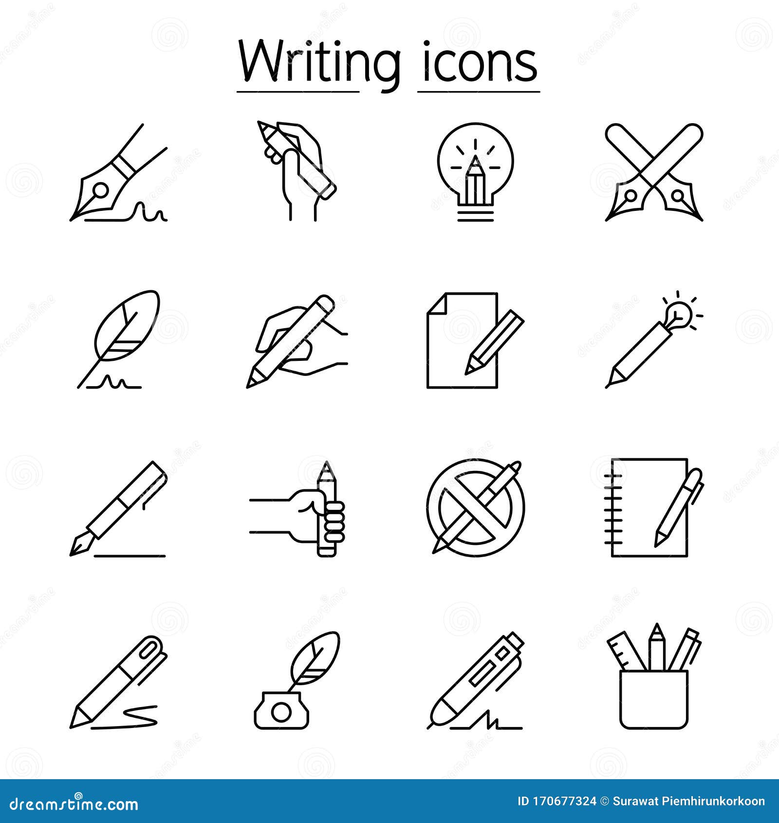 Writing Icon Set in Thin Line Style Stock Vector - Illustration of idea ...
