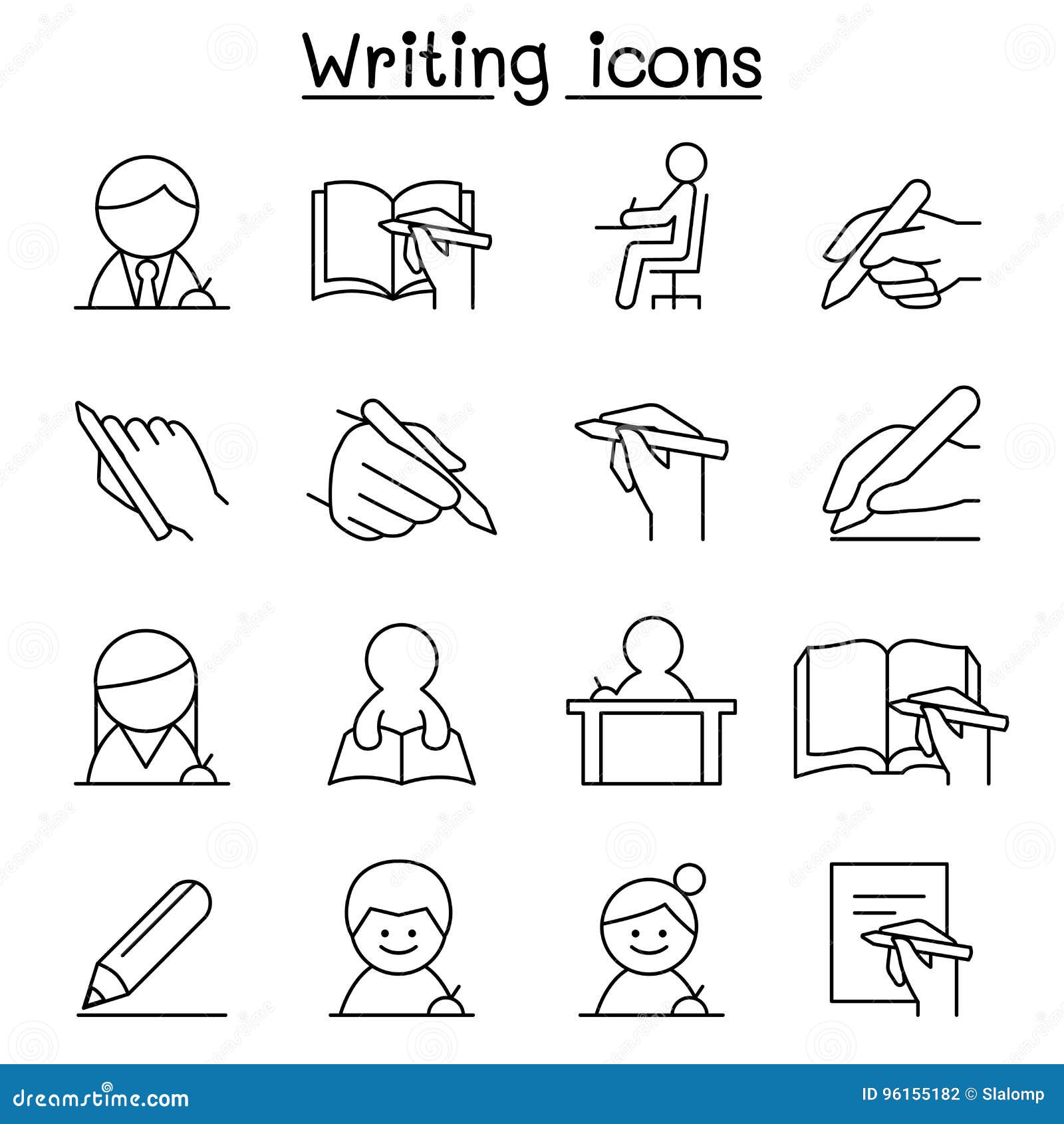 Writing Icon Set in Thin Line Style Stock Vector - Illustration of ...