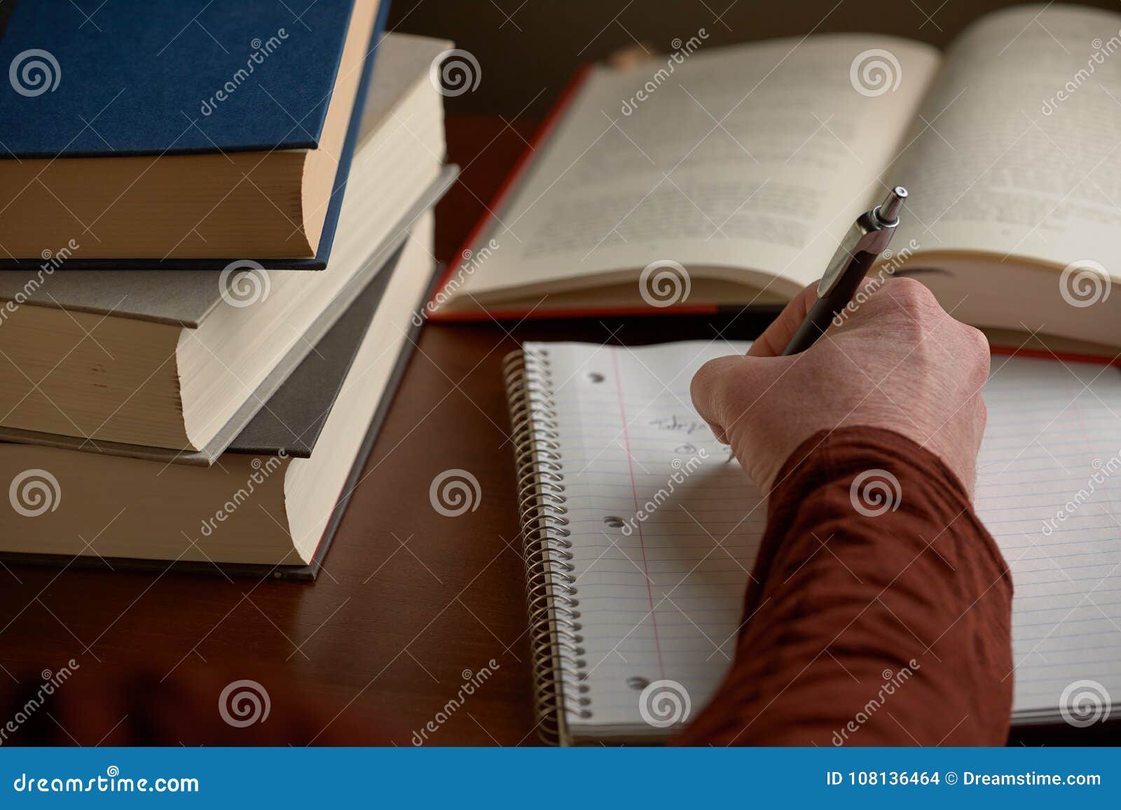 Writing Notes with Books on Desk Stock Photo - Image of woodgrain ...