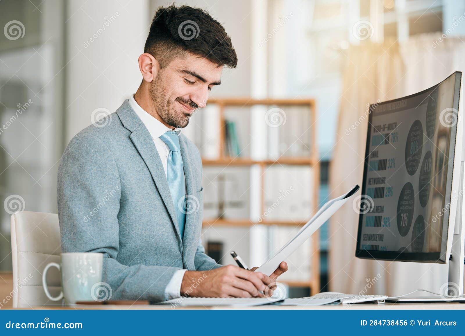 Writing, Planning and Business Man on Computer Screen, Documents and ...
