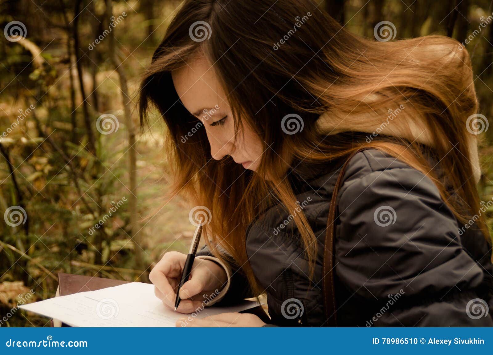 Writing Red Girl in the Forest Stock Photo - Image of rainforest, note ...